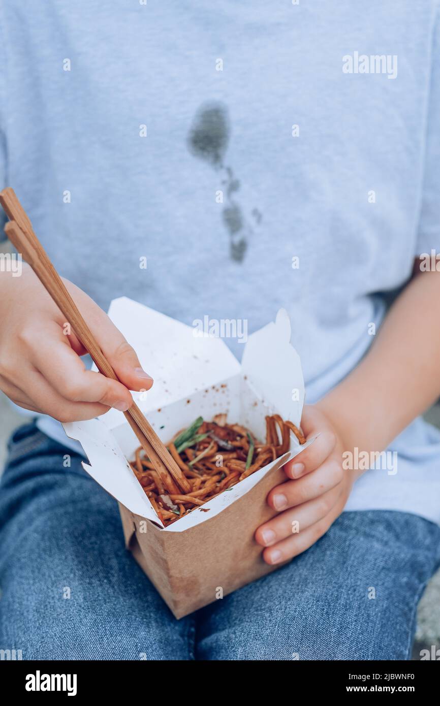 Dirty sauce stains on white clothes. Takeaway food. outdoors Stock ...
