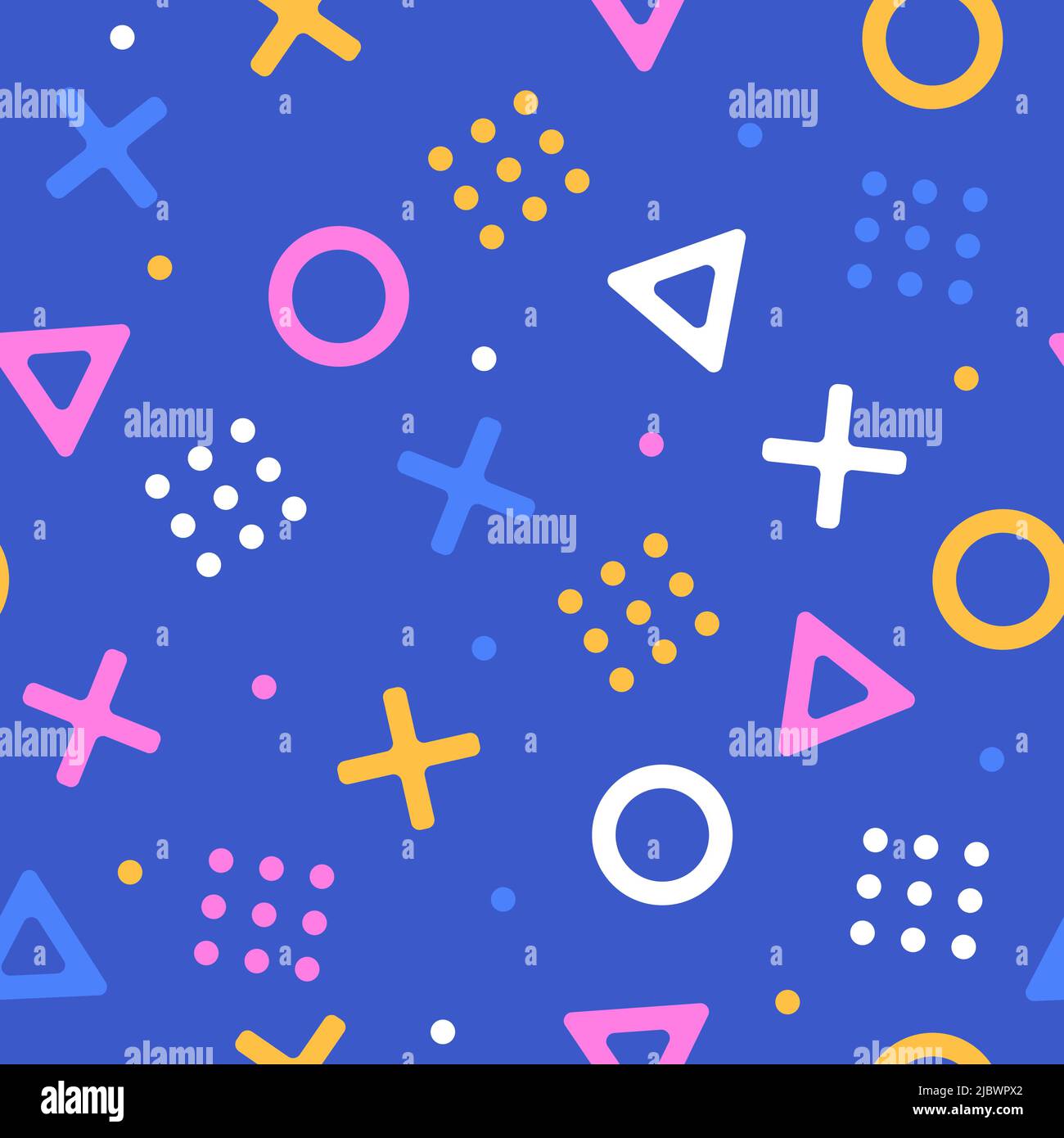 Geometric seamless pattern on blue background. Triangles, plus, circles ...