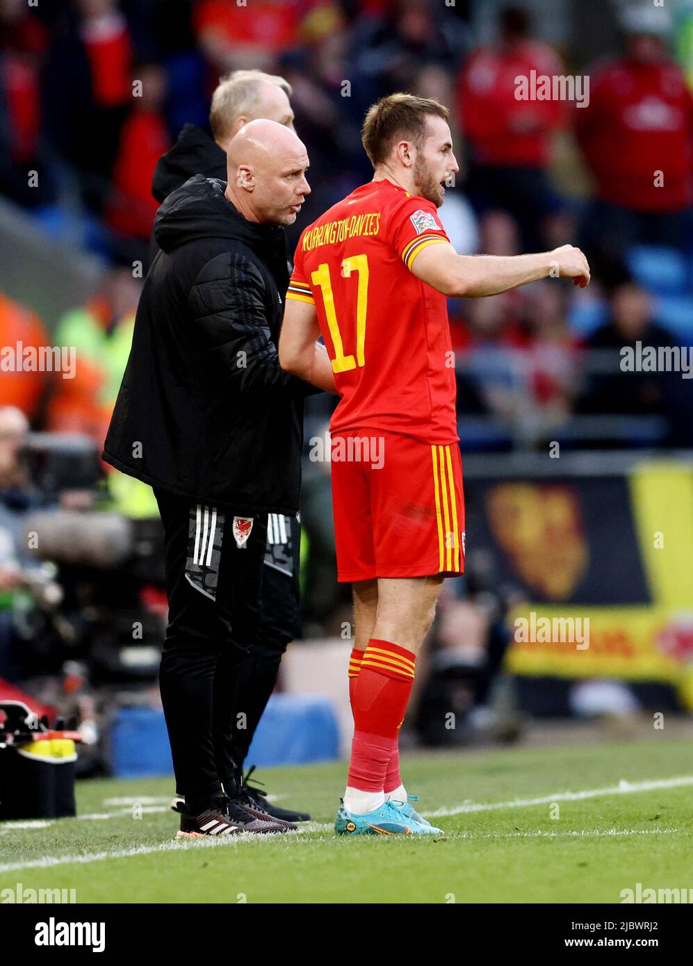 Cardiff, Wales, 8th June 2022. Robert Page manager of Wales instructs ...