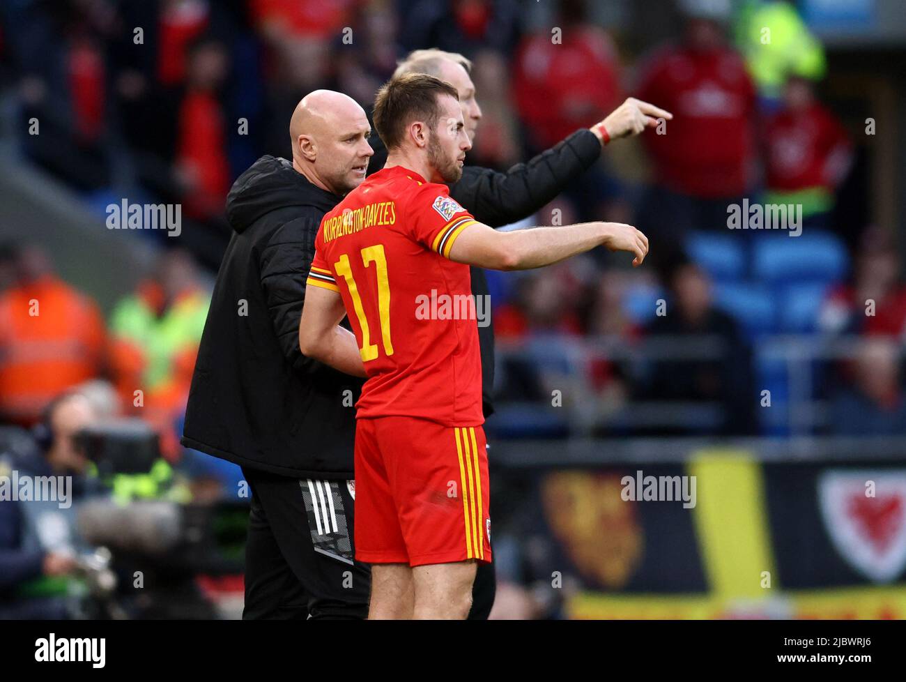 Cardiff, Wales, 8th June 2022. Robert Page manager of Wales instructs ...