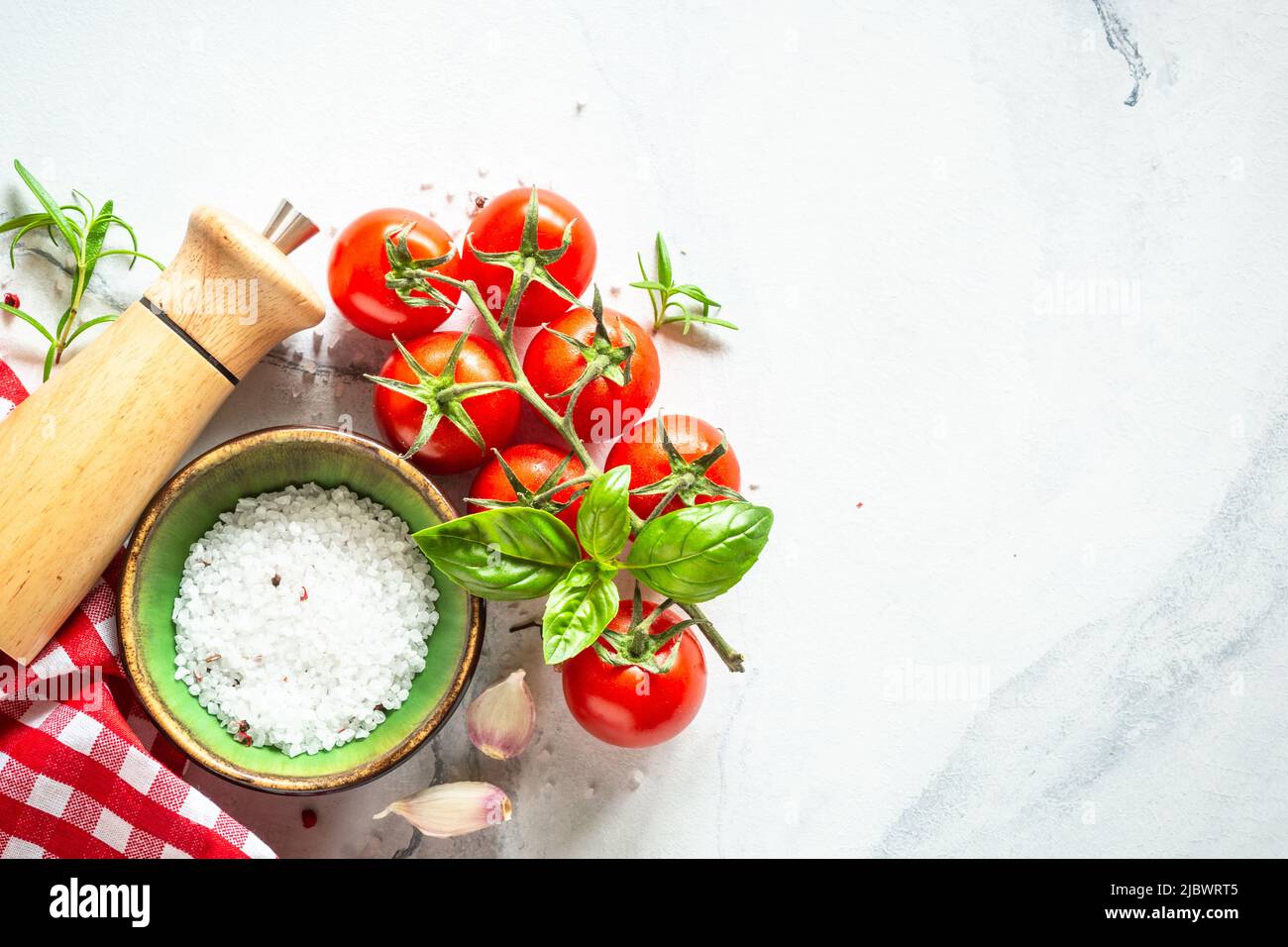 Food cooking background on white marble table Stock Photo - Alamy