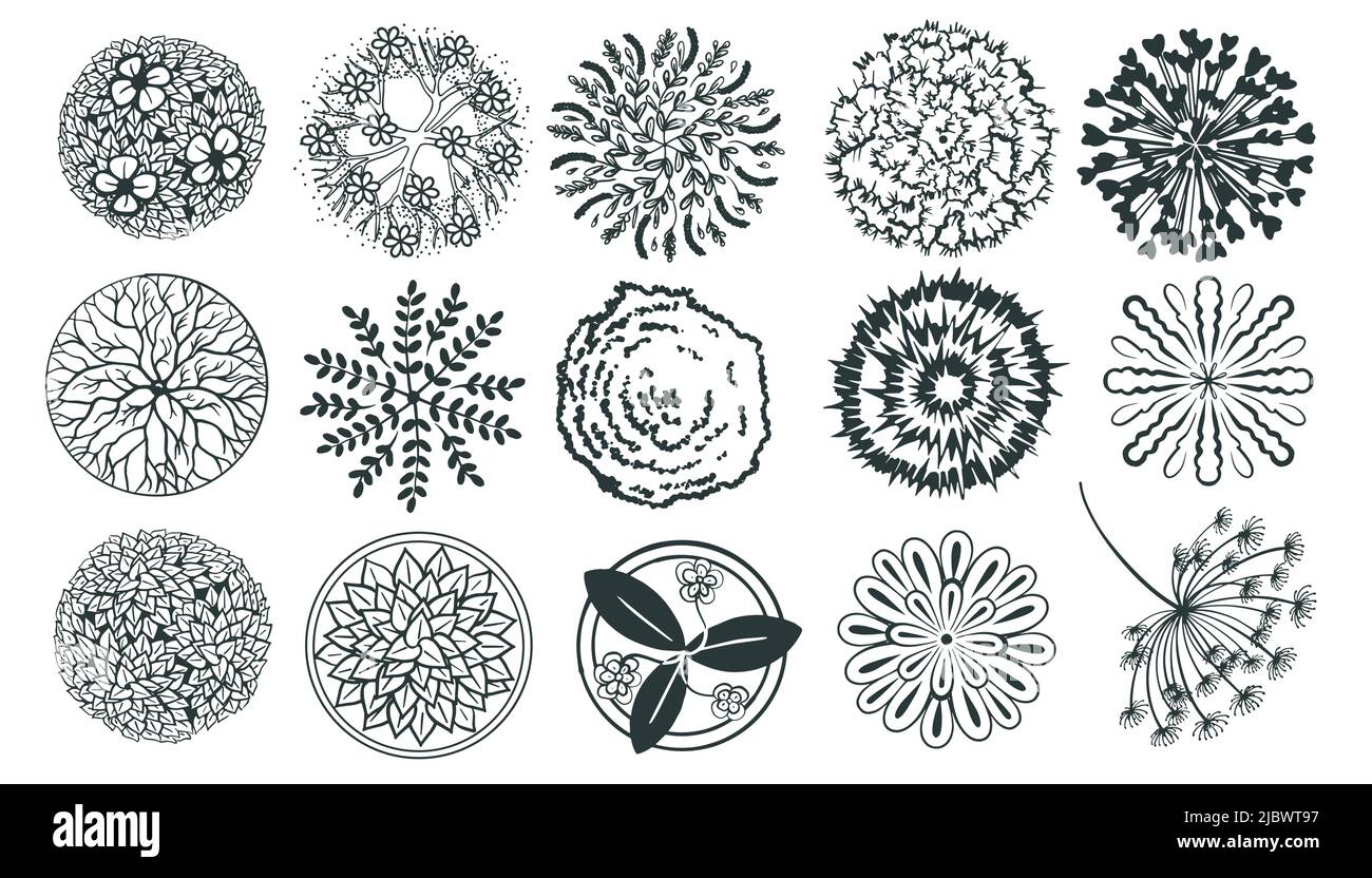 Set of architectural trees, potted plants top view. Pictograms for master plans and winter ...