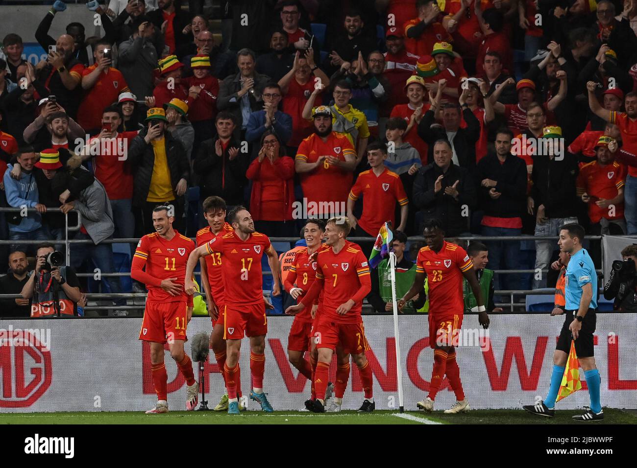 Rhys Norrington-Davies of Wales celebrates his goal to make it 1-1 ...