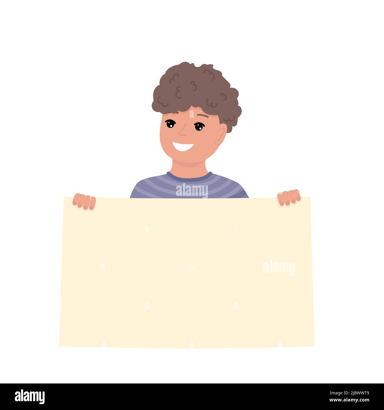 Happy Boy holding poster with place for text. Smiling child with paper ...