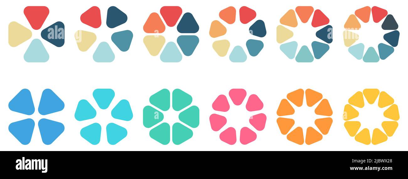 Triangles with slightly rounded vertices forming circle, version with four to nine segments. Can ...