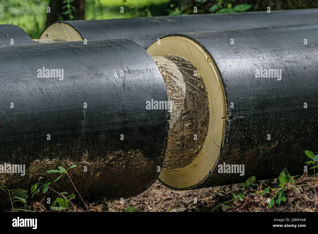 Laying pipes of large diameter. Large pipes with thermal insulation ...