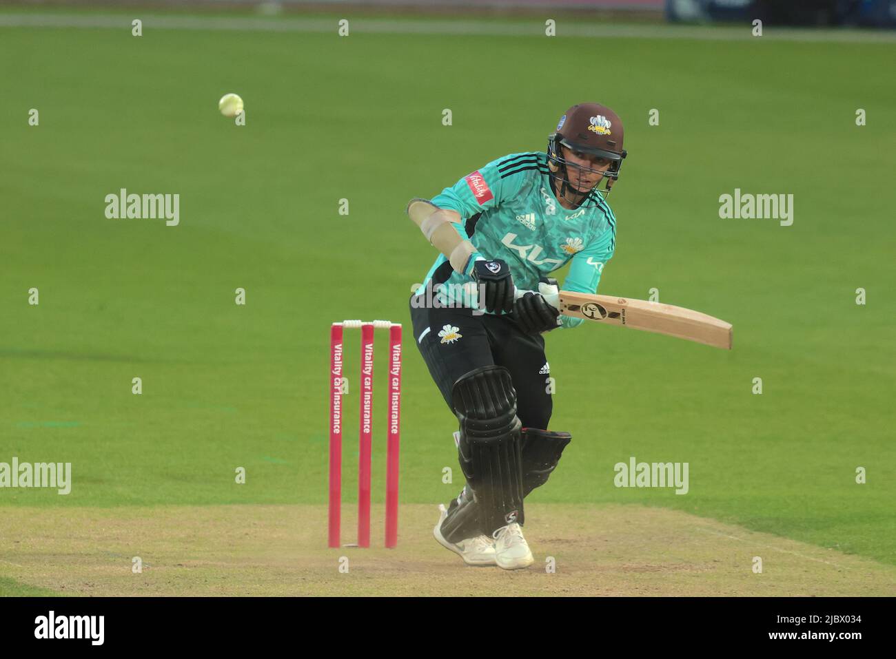 8 June, 2022. London, UK. Surrey’s Sam Curran batting as Surrey take on ...