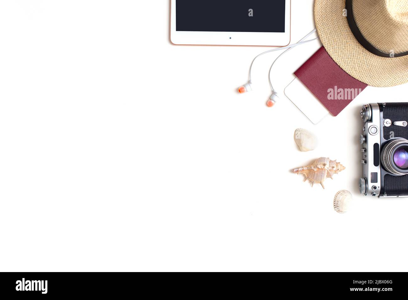travel accessories set top view on white background Stock Photo - Alamy
