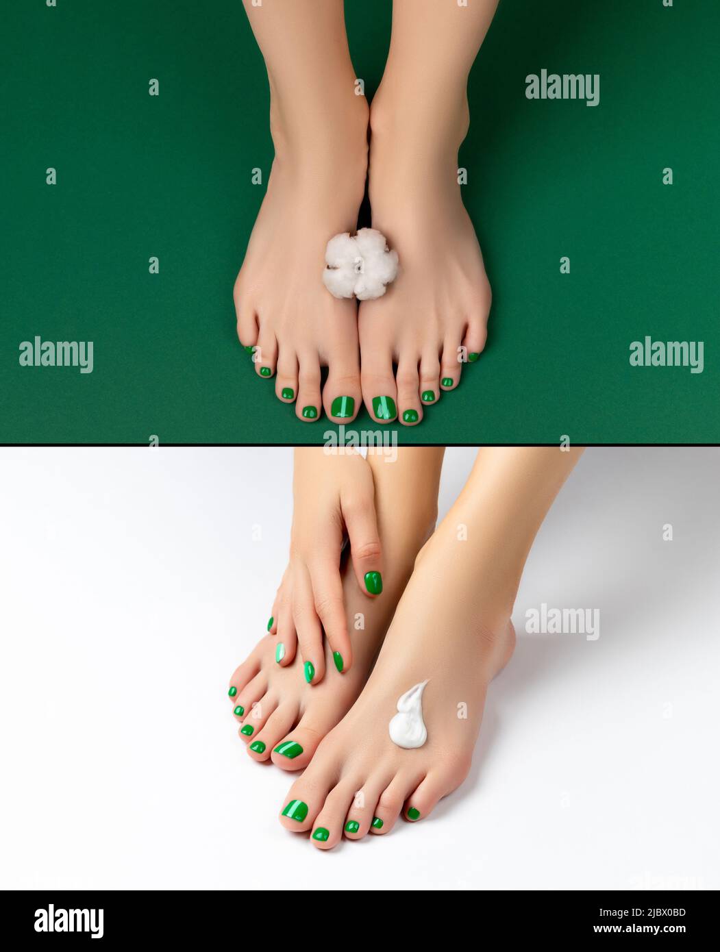 Collage with womans feet with spring summer nail design on green and ...