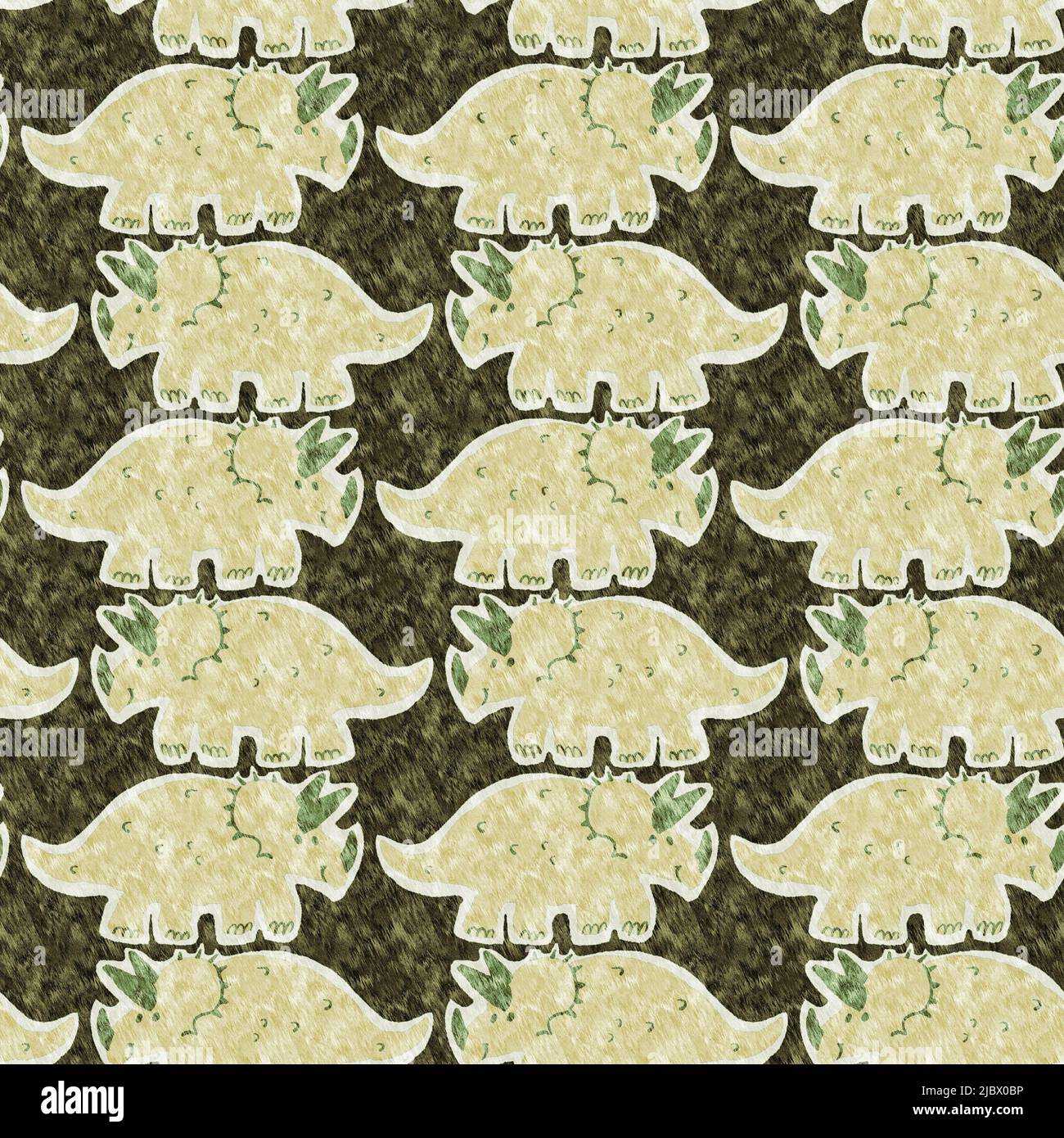 Green hand drawn triceratops dinosaur seamless pattern. Gender Neutral ...