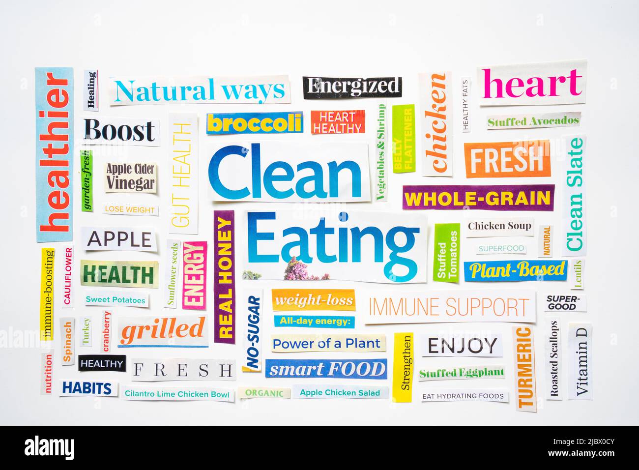 Clean eating food magazine cut out word cloud concept Stock Photo - Alamy