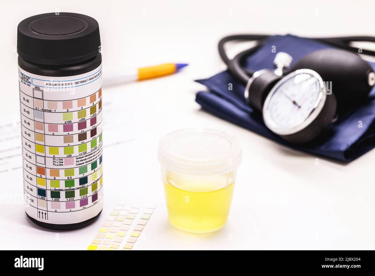 urine bottle or collector, medical test for blood pressure or ...