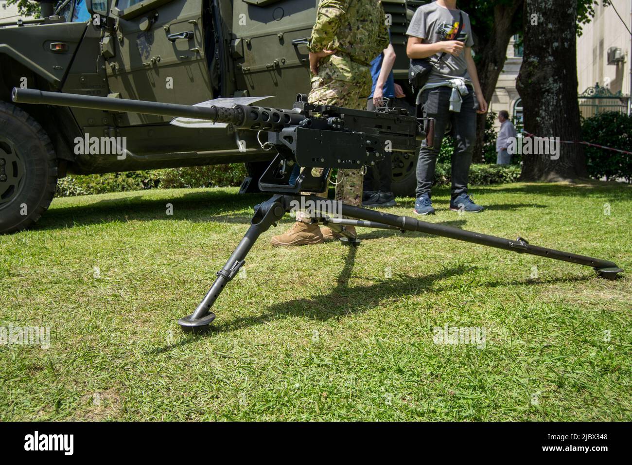 The M2 machine gun or Browning .50 caliber machine gun placed on urban ...