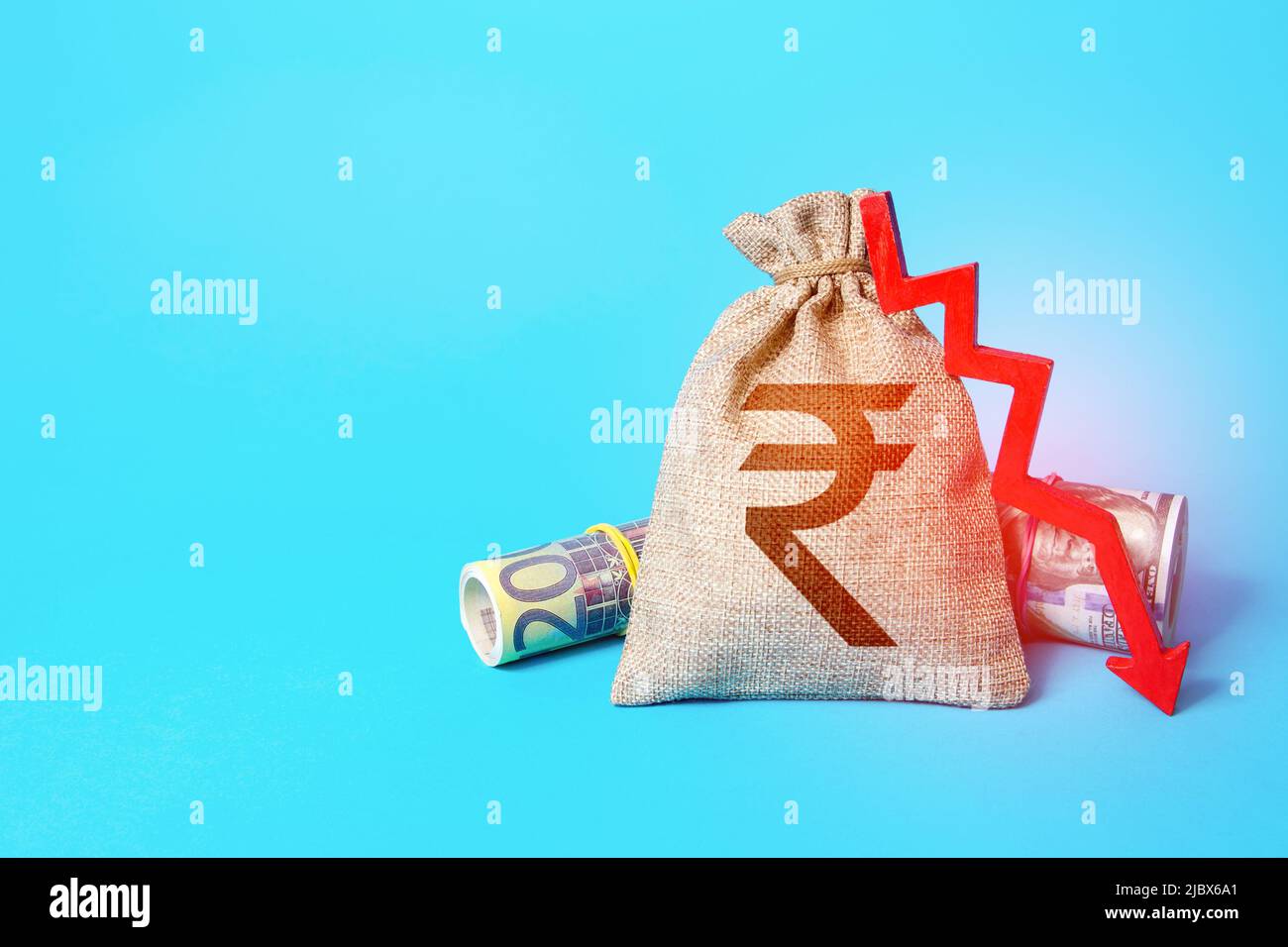 Indian Rupee Money Bag And Arrow Down Falling Economy Drop In Profits