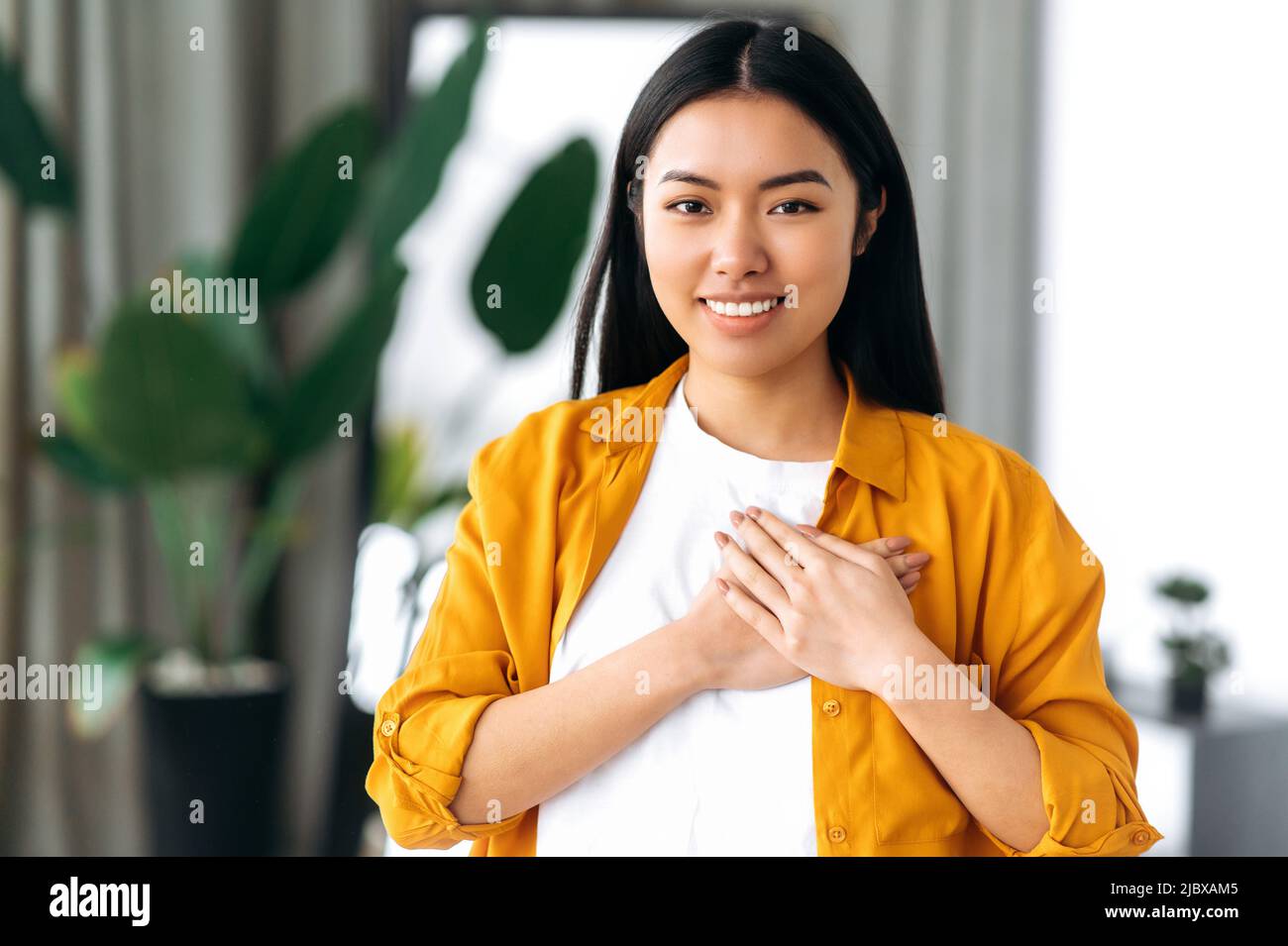 Candid positive smiling brunette girl of Asian nationality with hands ...