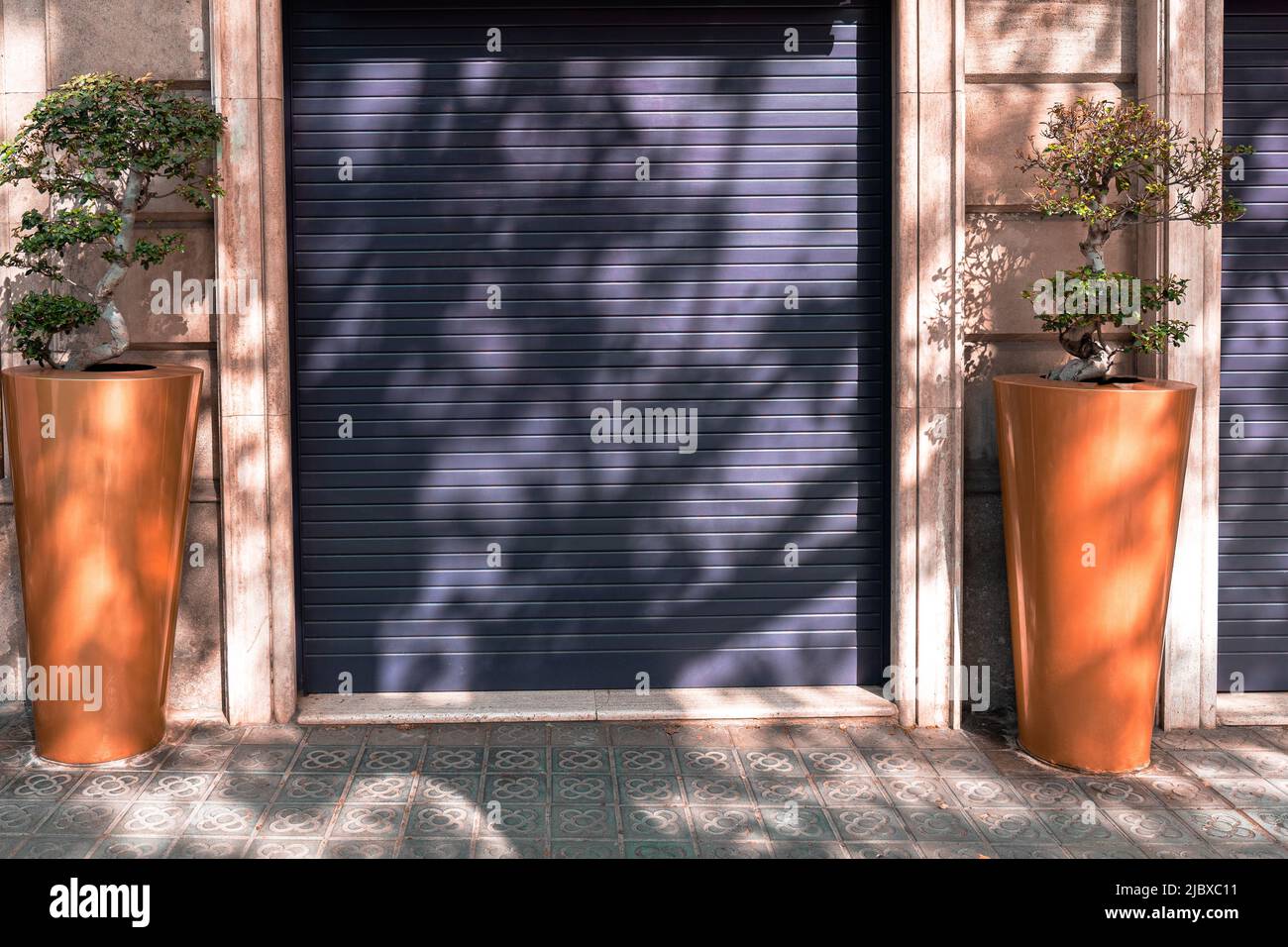 Potted plants at the entrance of stores. Windows gate covering the ...