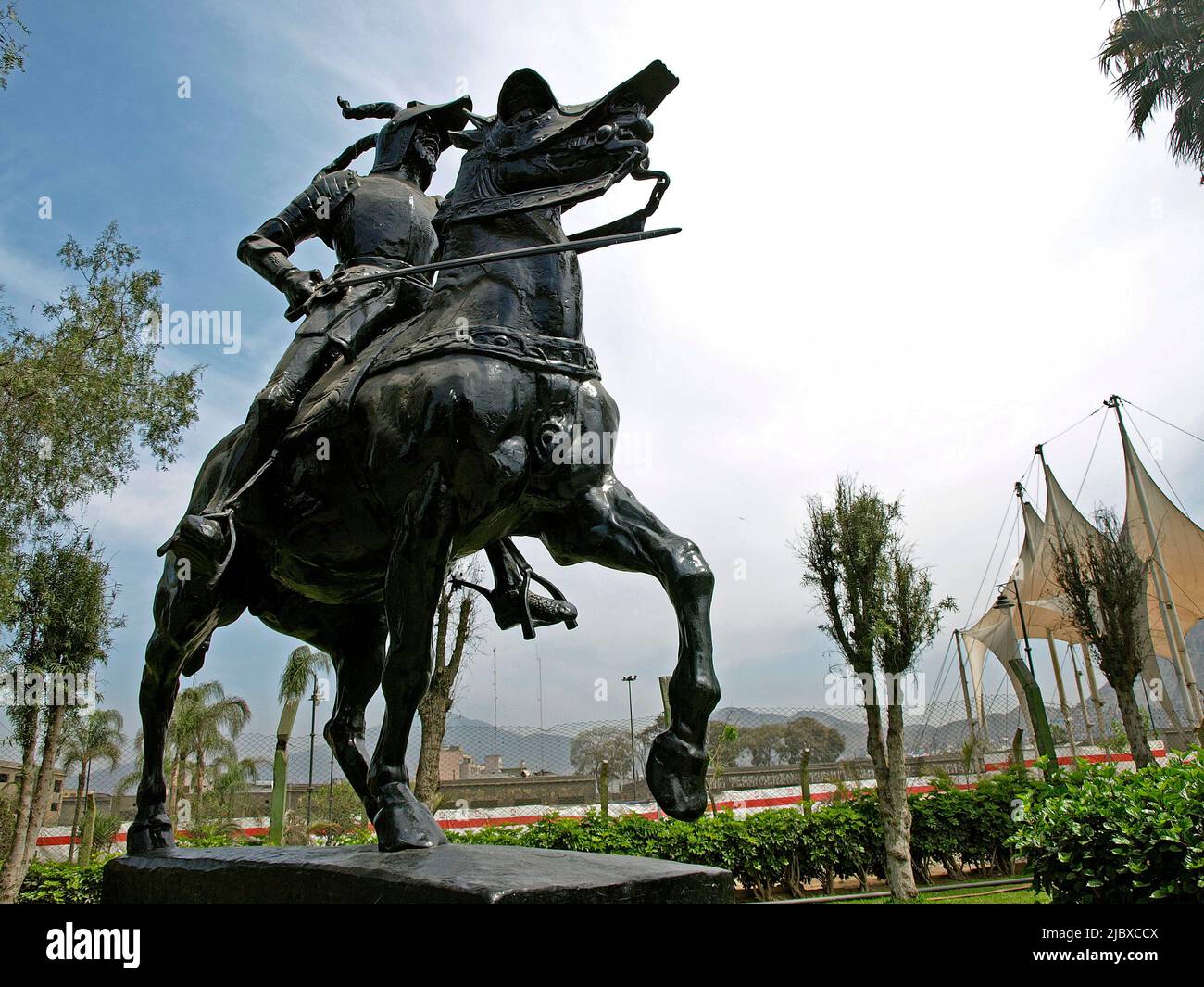 Equestrian statue of Francisco Pizarro, conqueror of Peru and founder ...