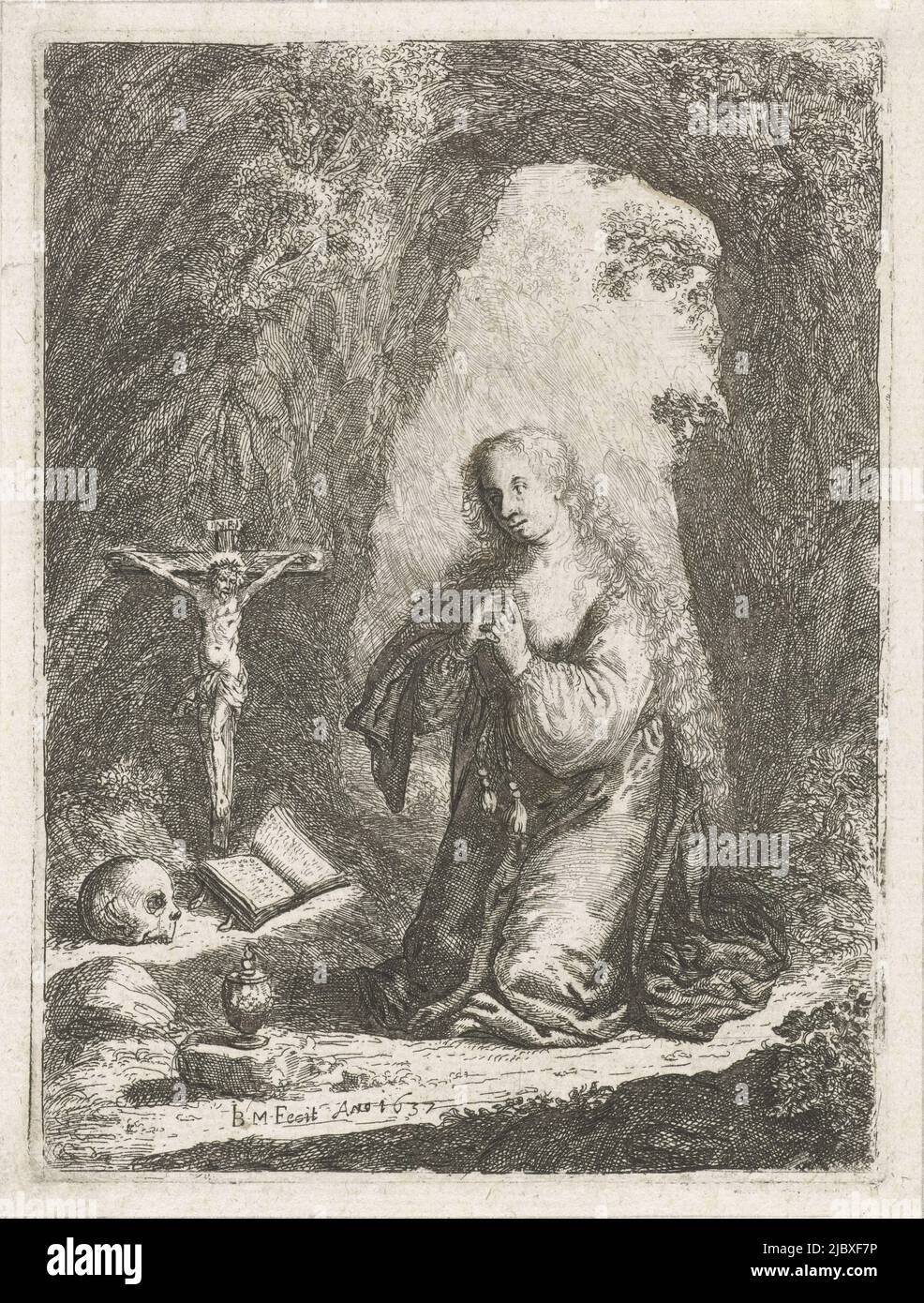The penitent Mary Magdalene kneeling on the ground near a crucifix, an ...