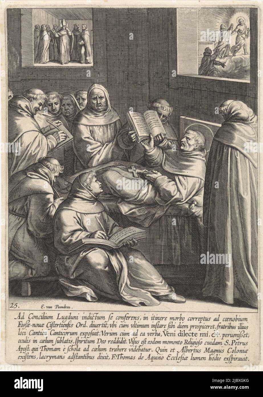 Thomas Aquinas lies on his deathbed reading a book, in his hands he ...