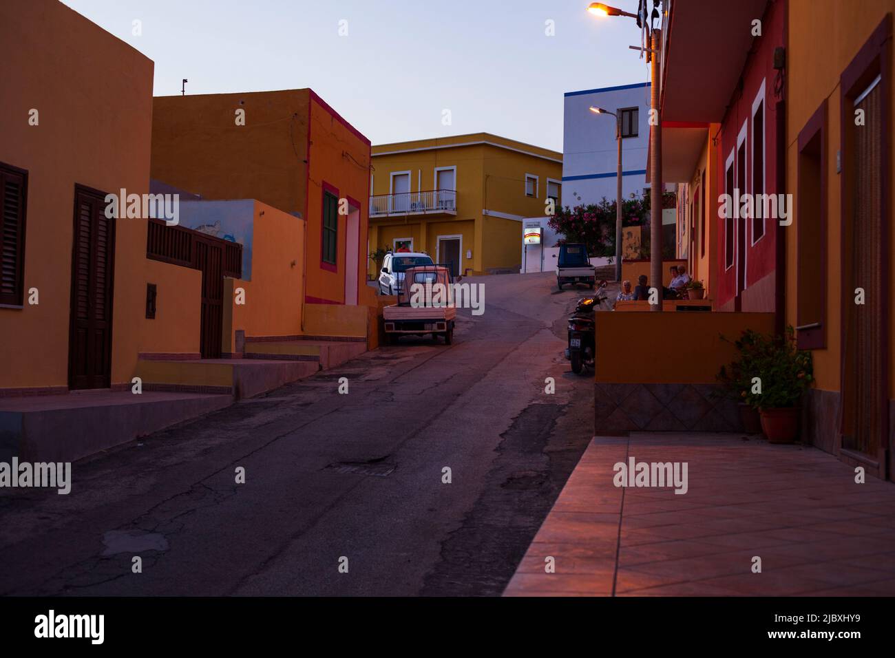 Linosa, Italy - July, 28: View of typical houses of Linosa at sunset on ...