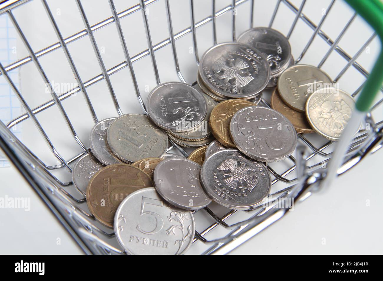 Food price. Money and a grocery basket. Payment in the store. Small ...