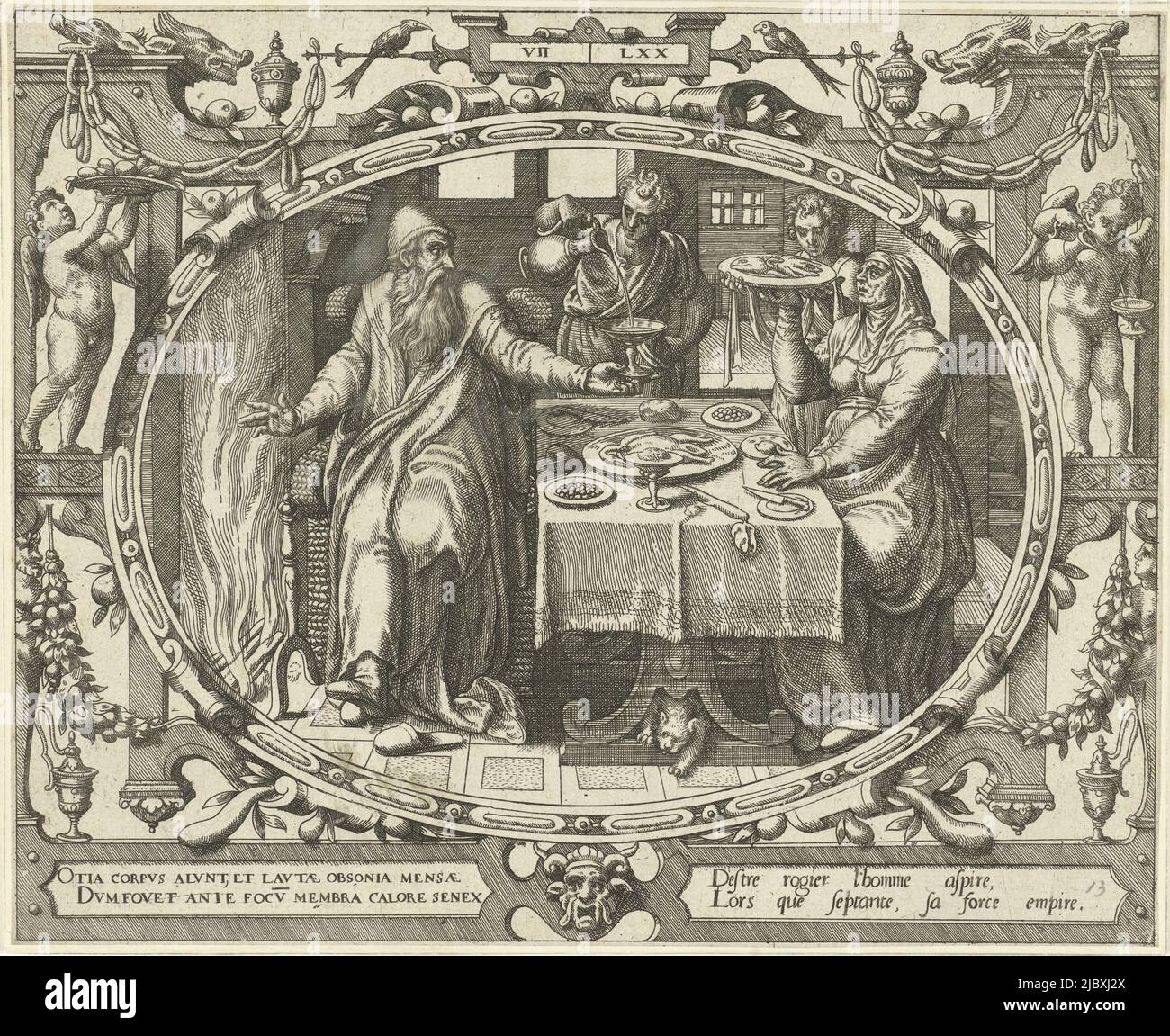 In an oval frame decorated with ornaments a depiction of an old man ...
