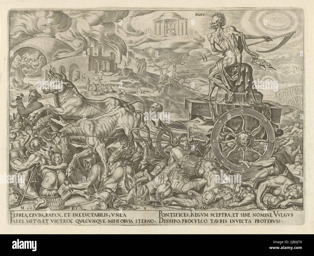 Death, in the guise of a skeleton with a scythe, sits on a chariot ...