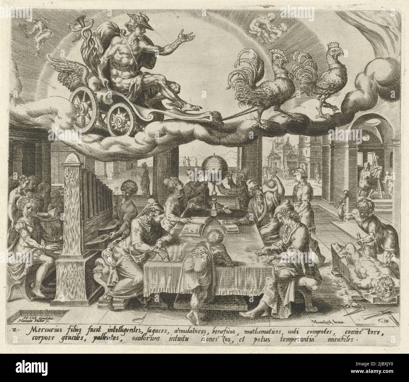 Mercury riding in his chariot in the sky, pulled by two roosters. The ...