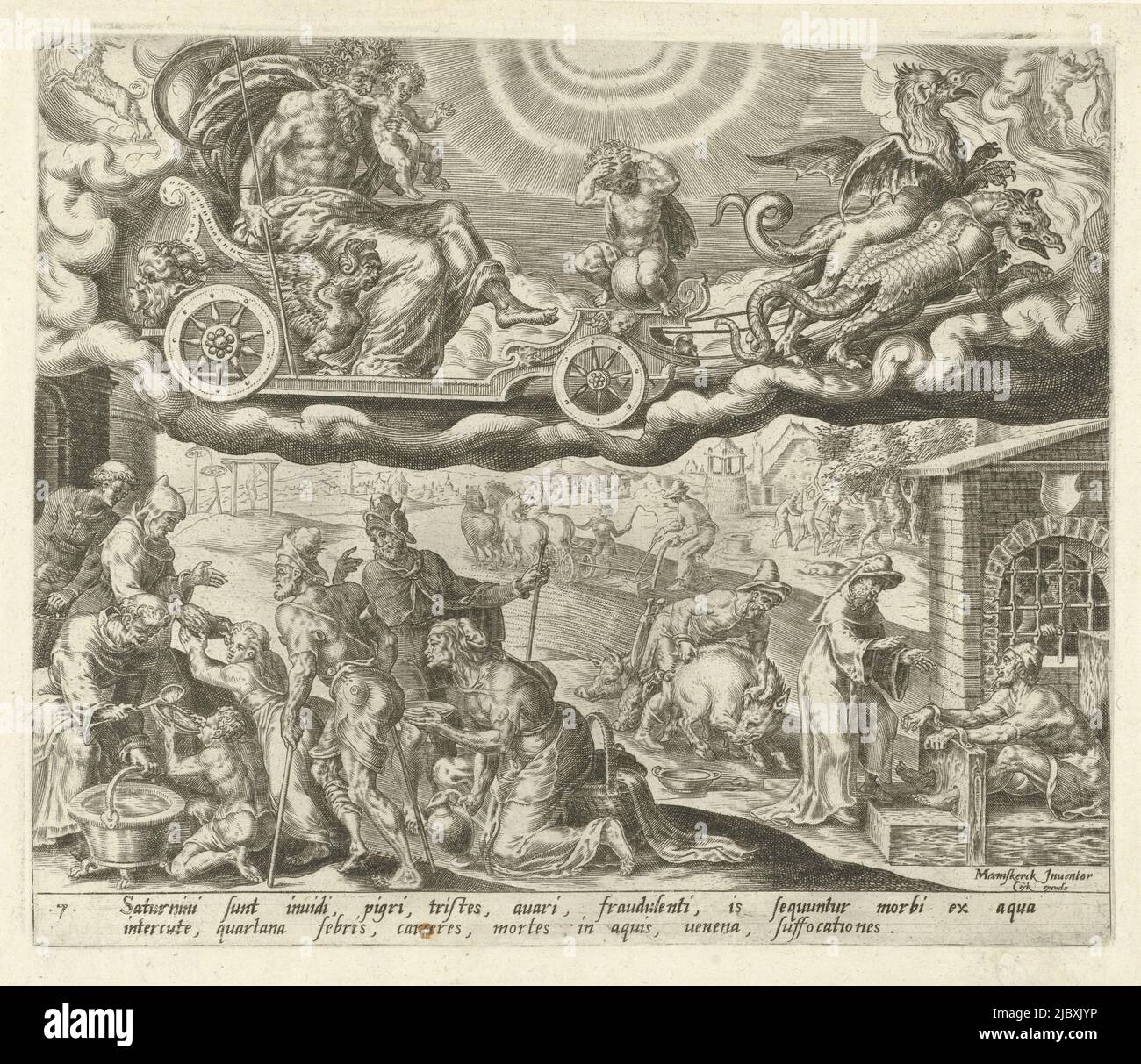 Saturn rides in his chariot across the sky, pulled by two dragons. He ...