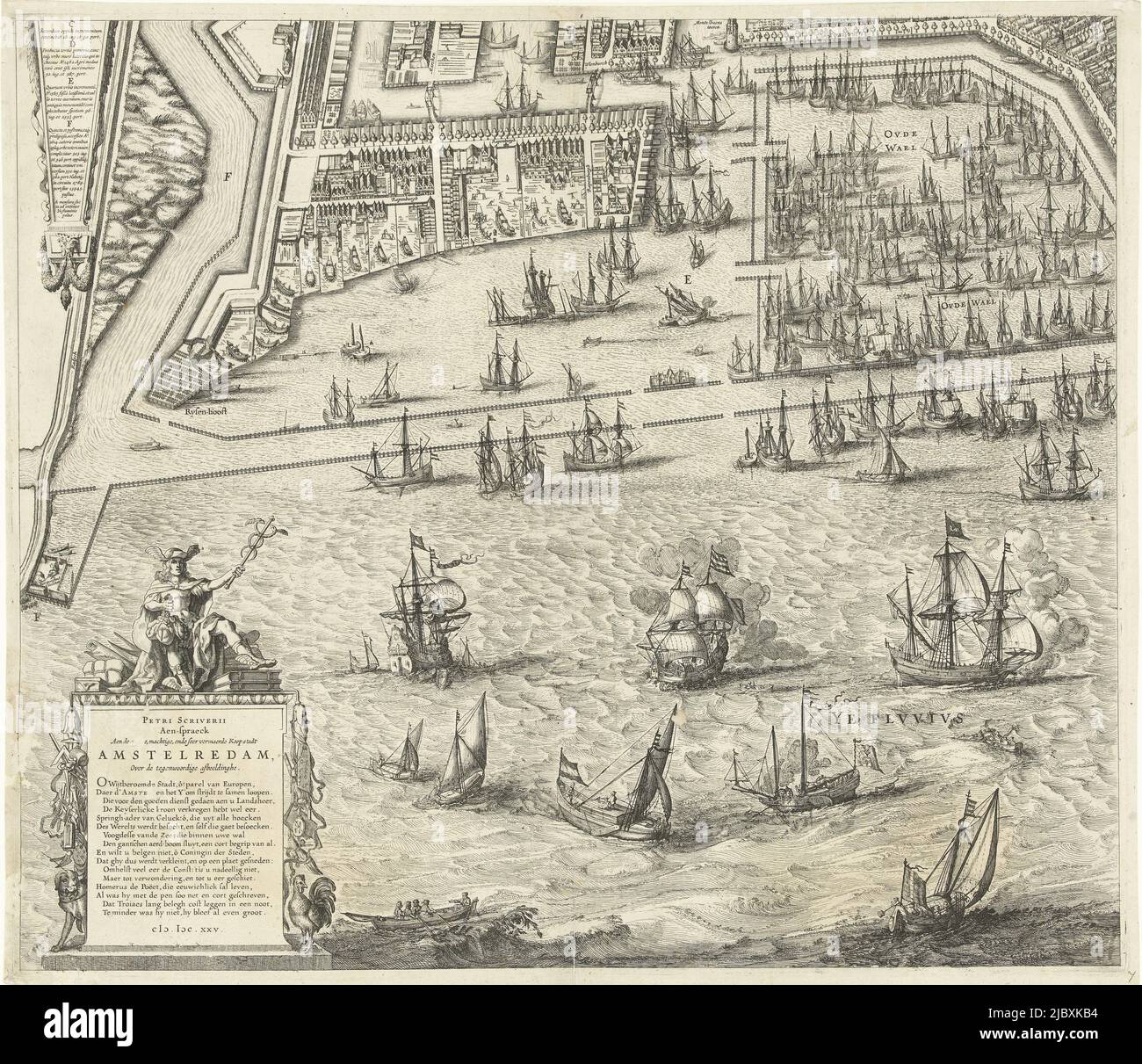 Large map of the city of Amsterdam from 1625. Top left a view of the ...