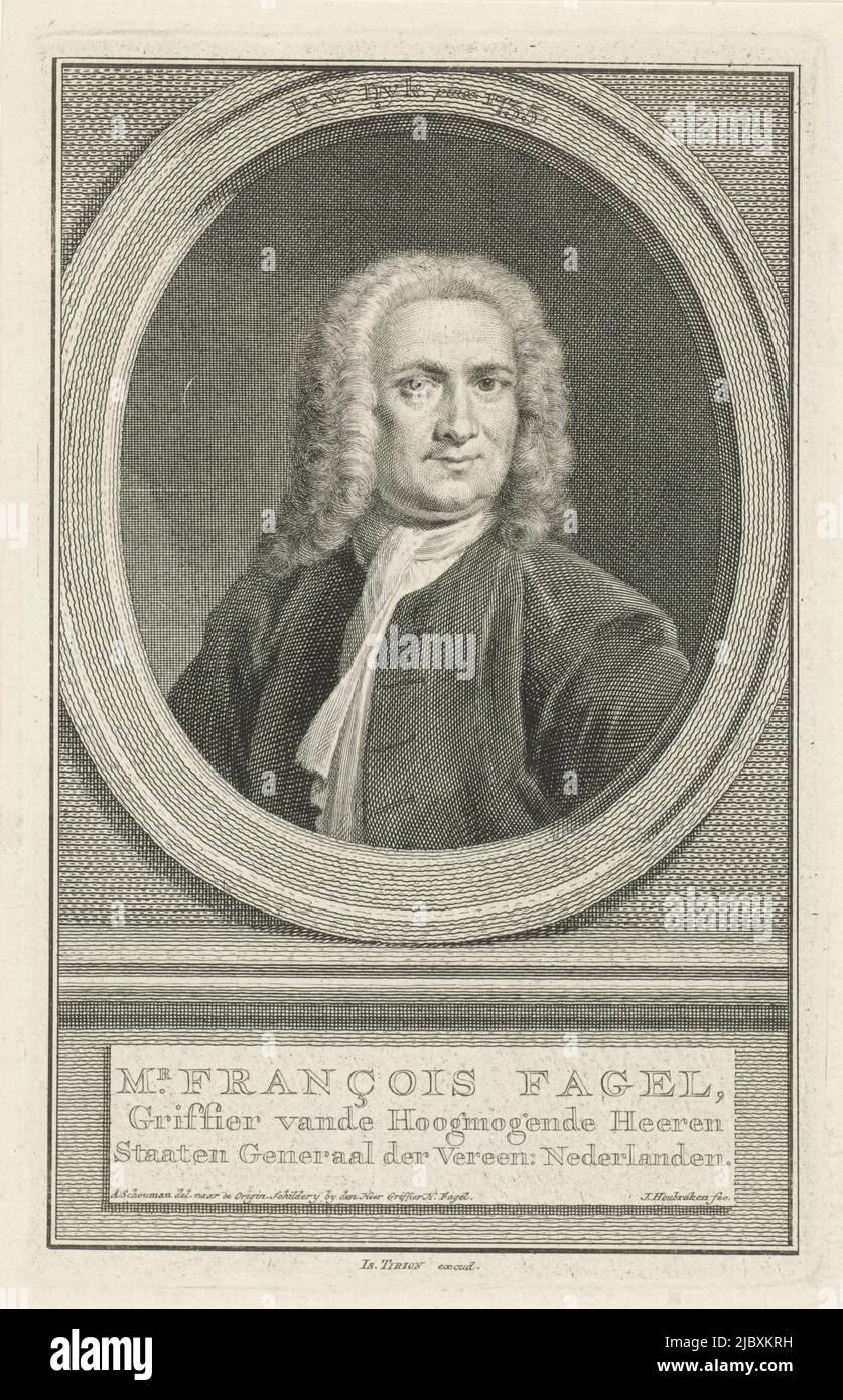 Bust of François Fagel in an oval. The portrait rests on a plinth with ...