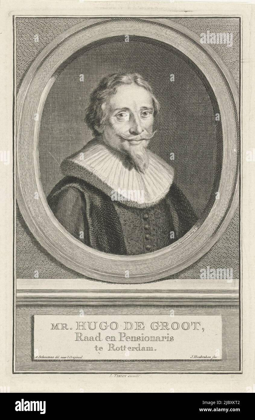 Bust to the right of Hugo de Groot in an oval. The portrait rests on a ...