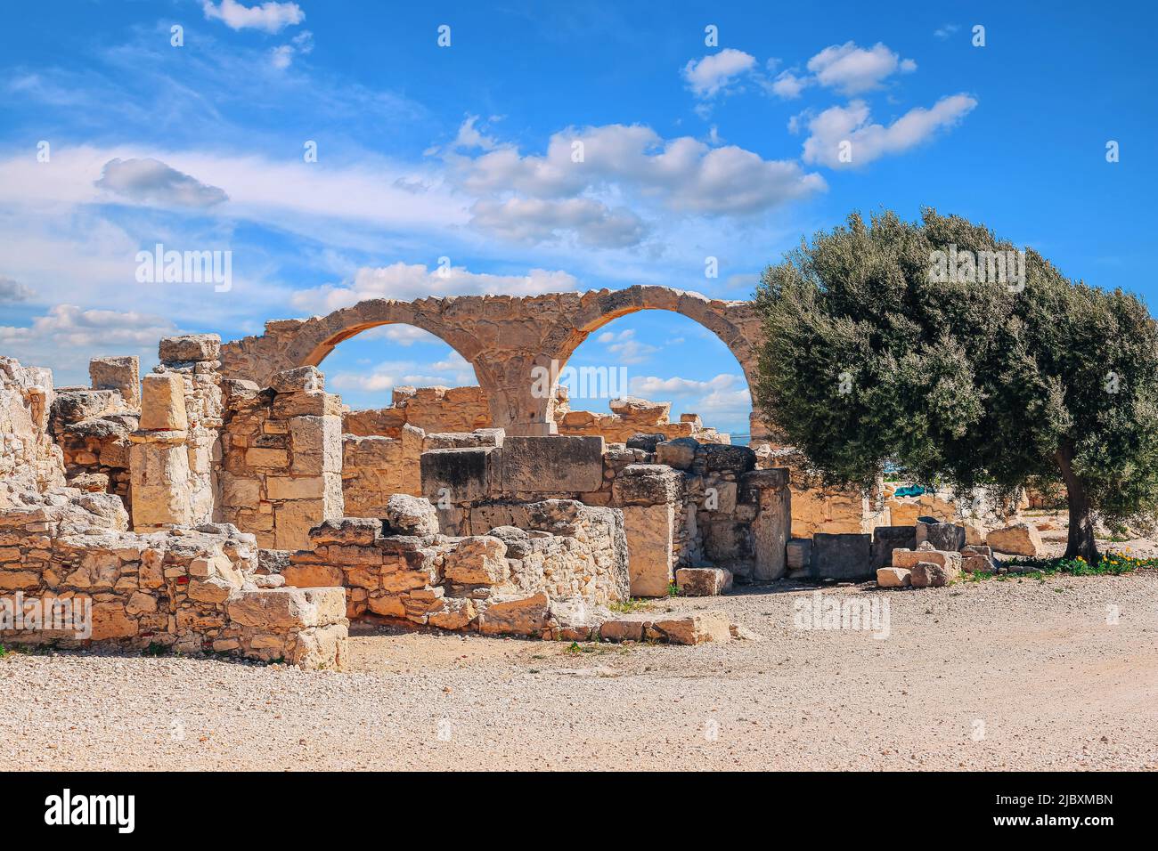 View of the ruins and arches of the ancient Greek city Kourion ...