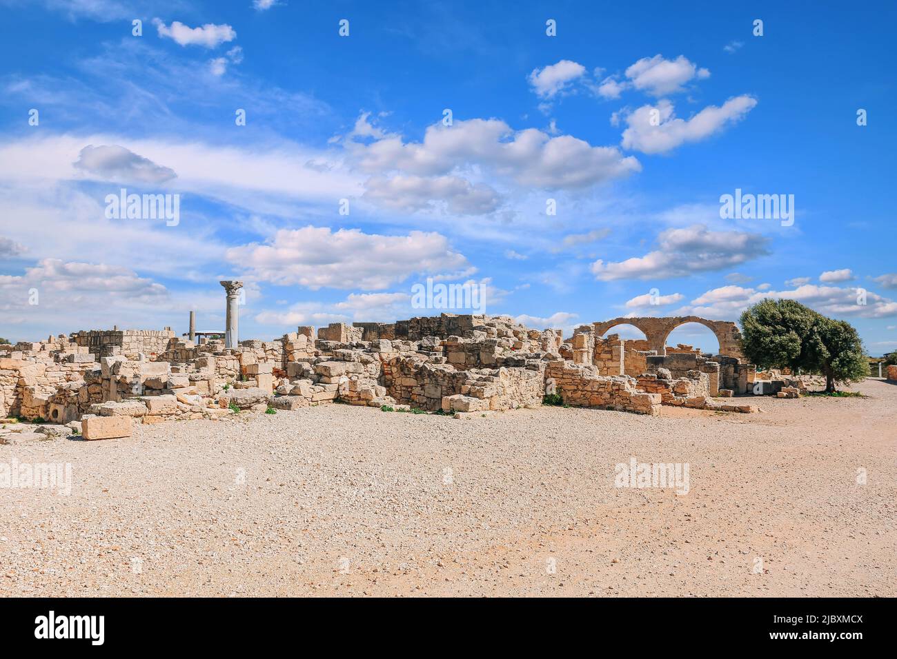 View of the ruins and arches of the ancient Greek city Kourion ...