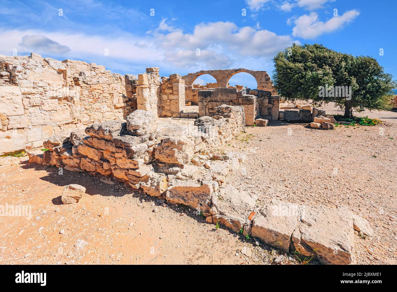 View of the ruins and arches of the ancient Greek city Kourion ...