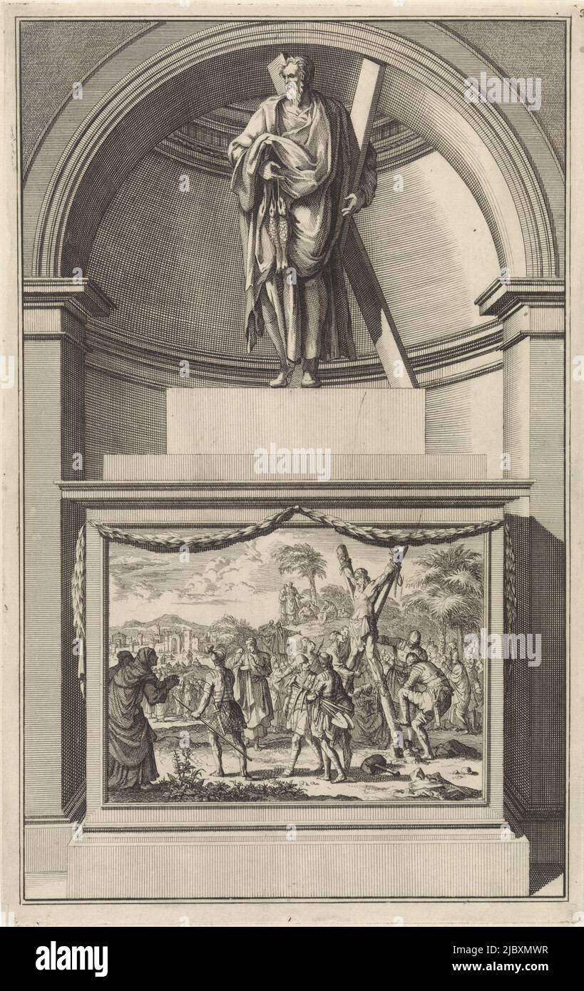 The Apostle Andrew with fish in his hand, against his side a tilted ...