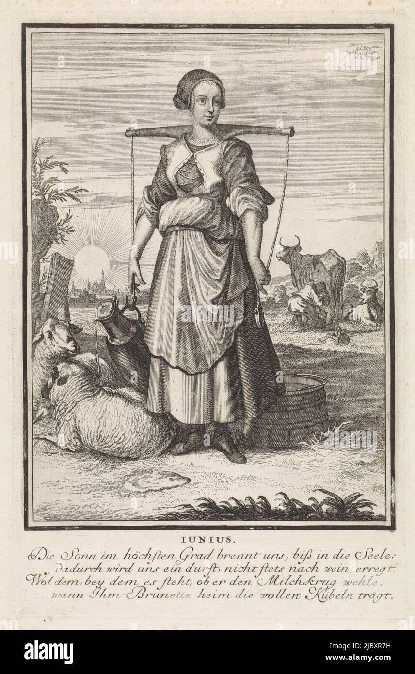 The month of June. In the foreground a milkmaid next to two sheep. She ...