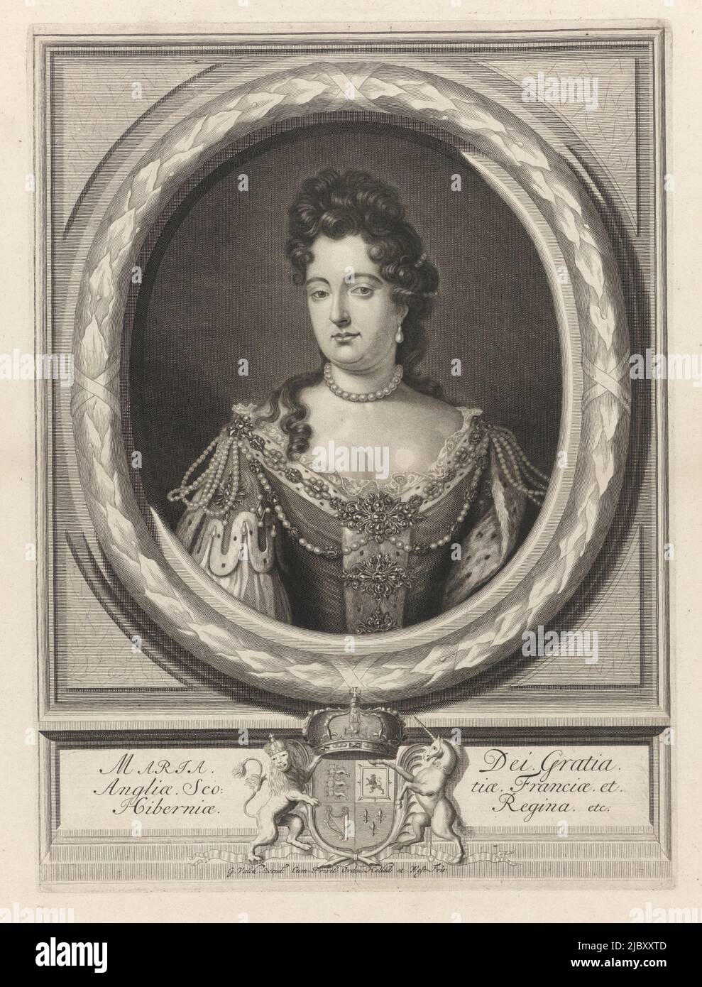 Portrait of Mary II in an oval of oak leaves. Centered below her coat ...