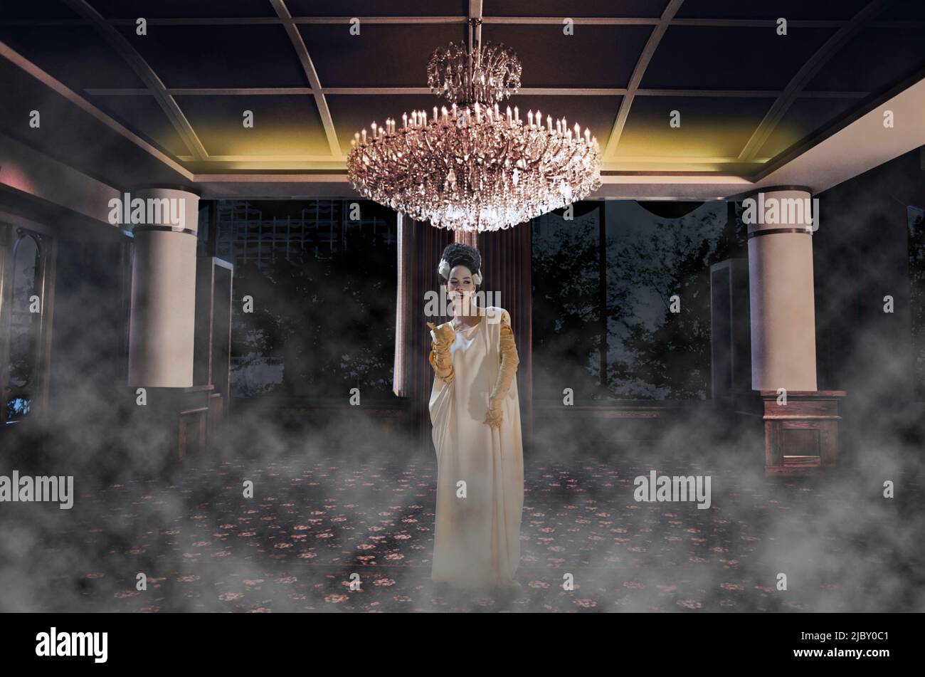 Female dressed as Bride of Frankenstein dancing in smokey ballroom ...
