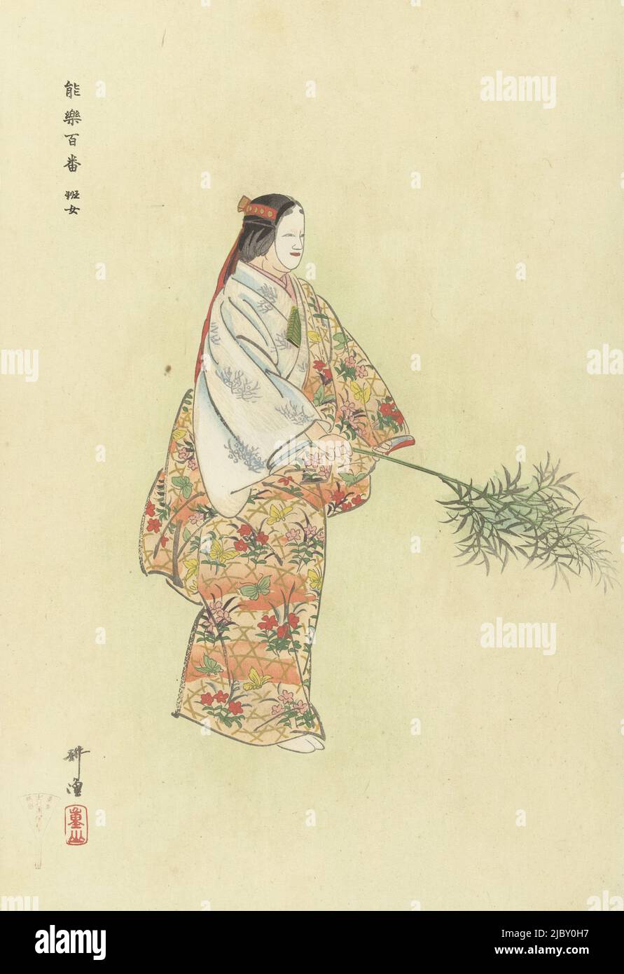 Actor with Noh mask, dressed in kimono with flower and butterfly ...