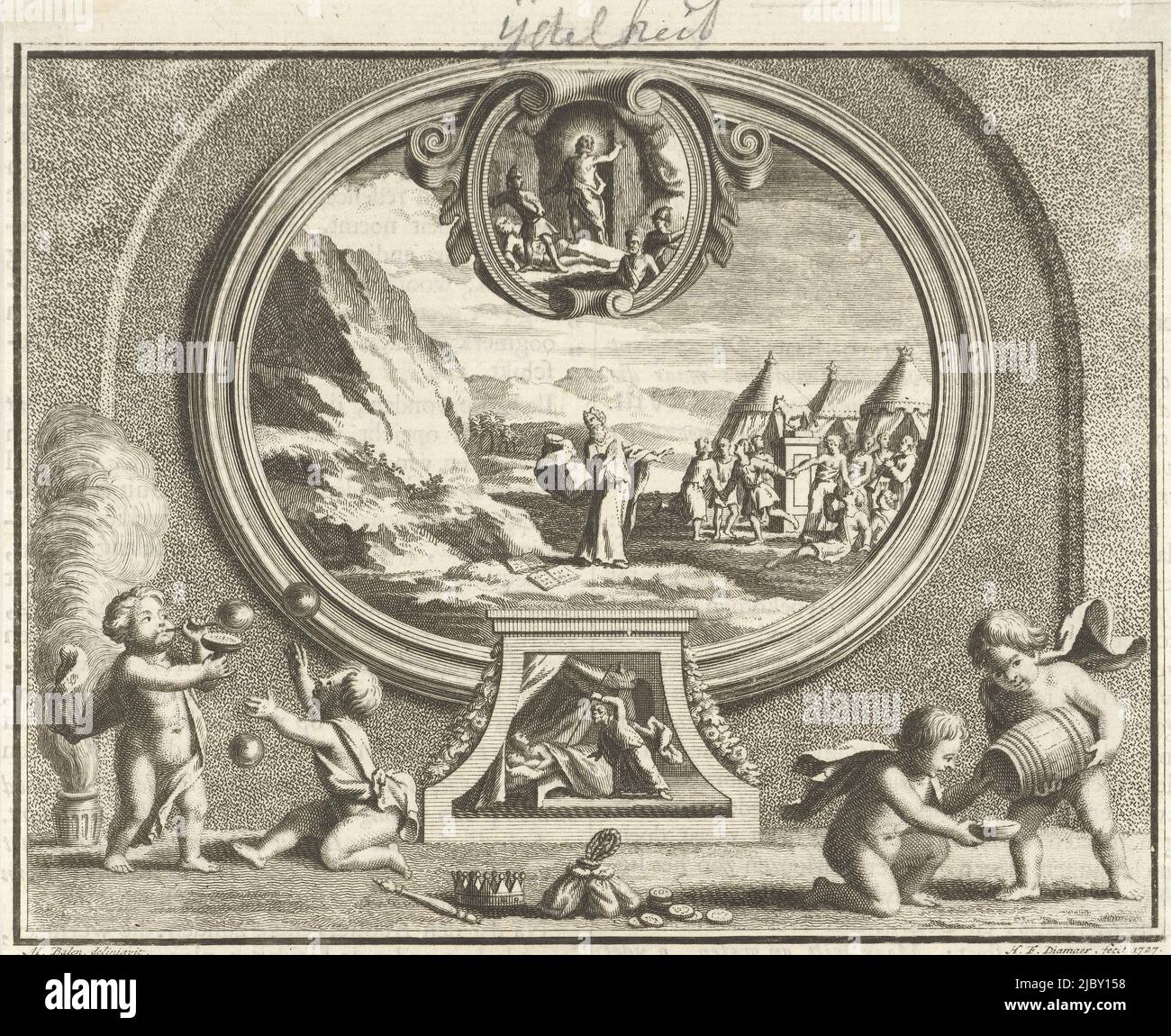 Allegory on vanity with dance around the golden calf in oval and ...