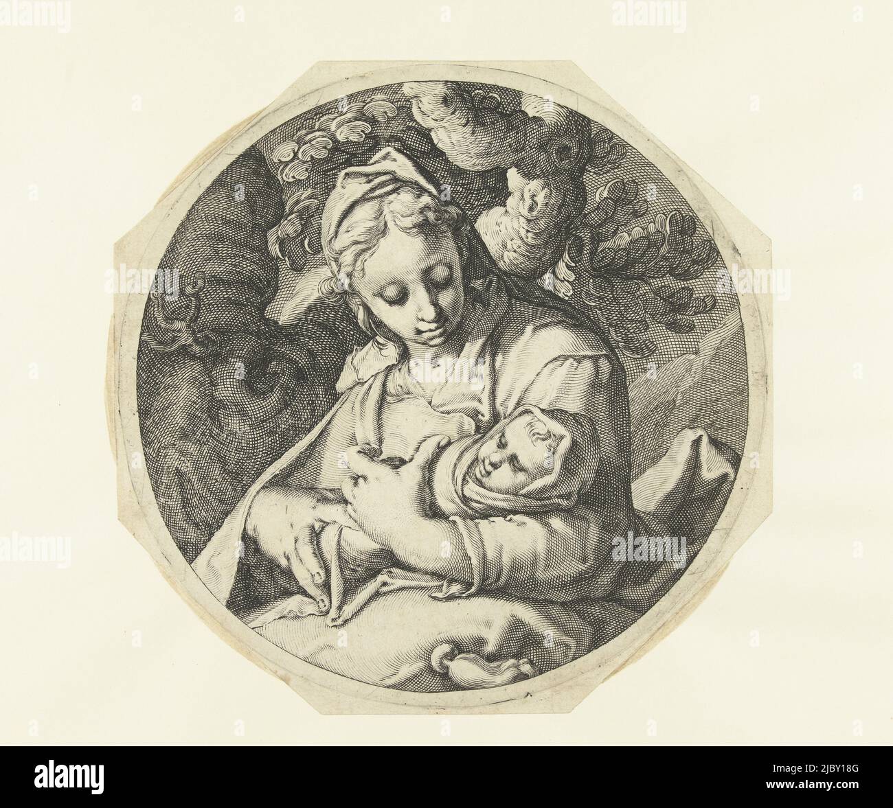 Round depiction of Mary, sitting by a tree, with the Christ child on ...