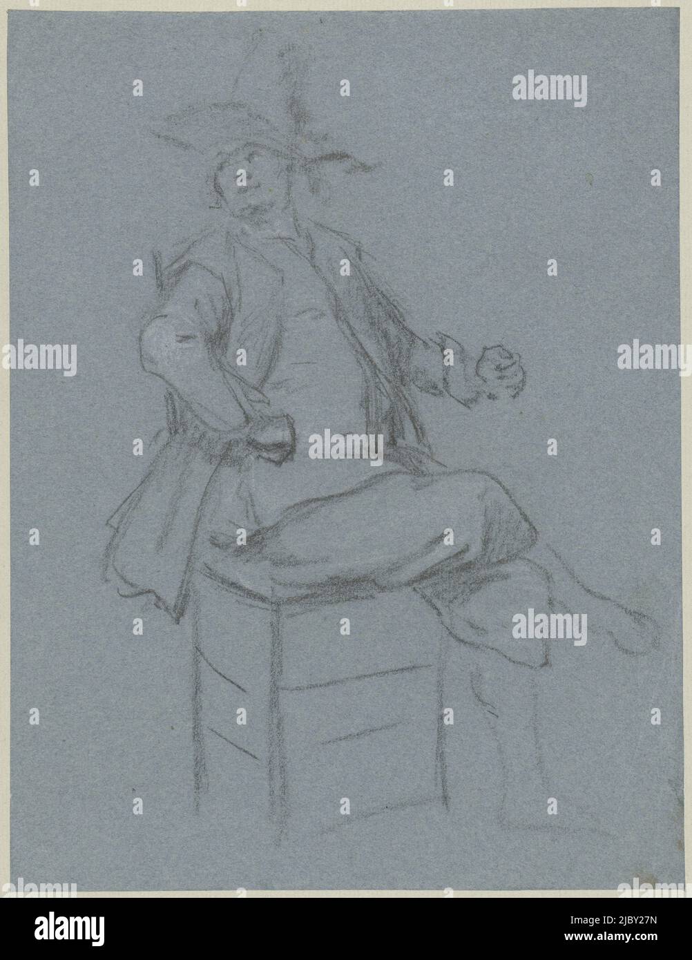 Seated quaker, three-quarters to the left with head turned over ...