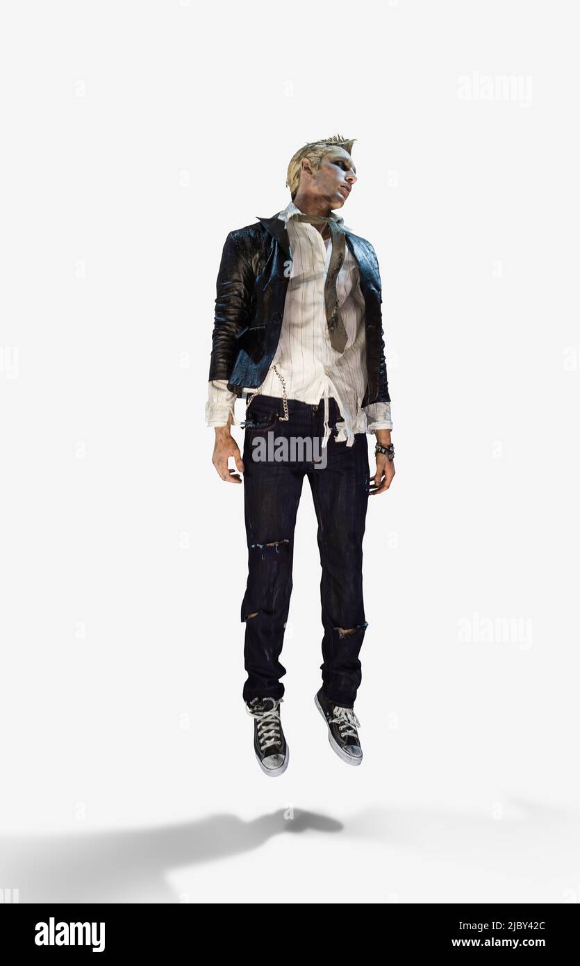 Man dressed up as a zombie hanging mid air looking off camera, against ...