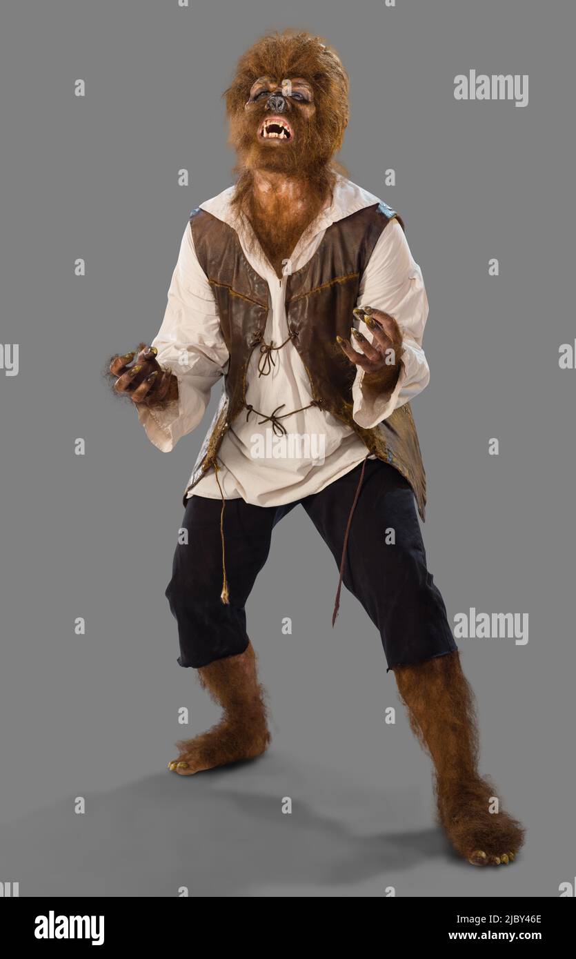 Full length portrait of a Werewolf Wolfman looking up and crying in ...
