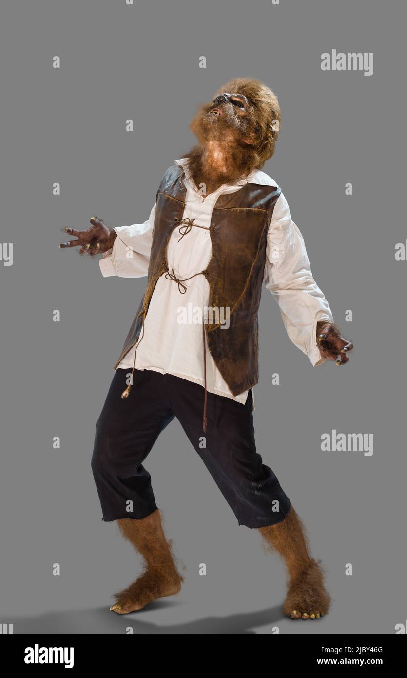 Wolfman screaming into the sky in pain and horror, man dressed and ...