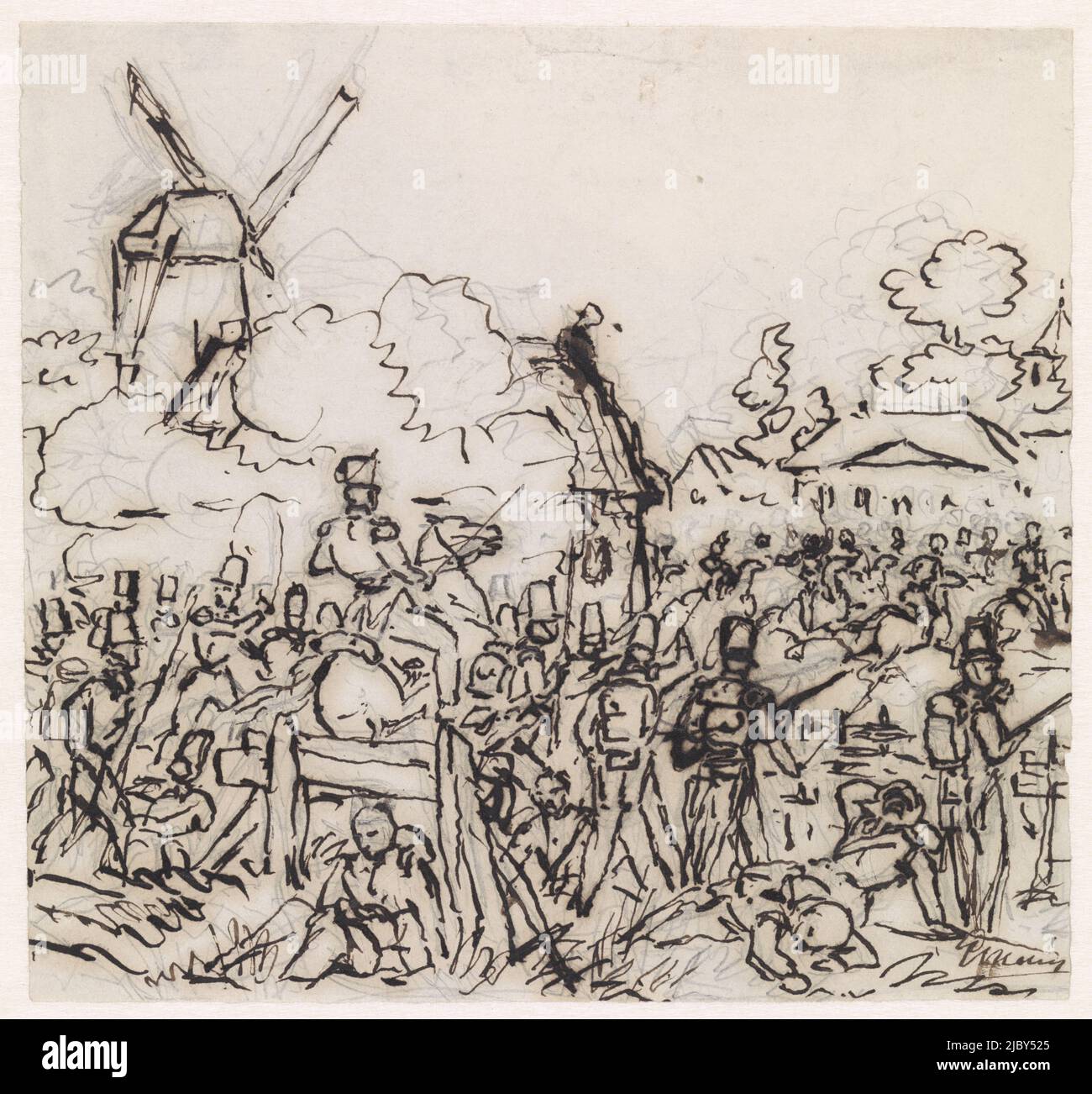 Fight near a village, on the left a windmill, Gerardus Emaus de Micault ...