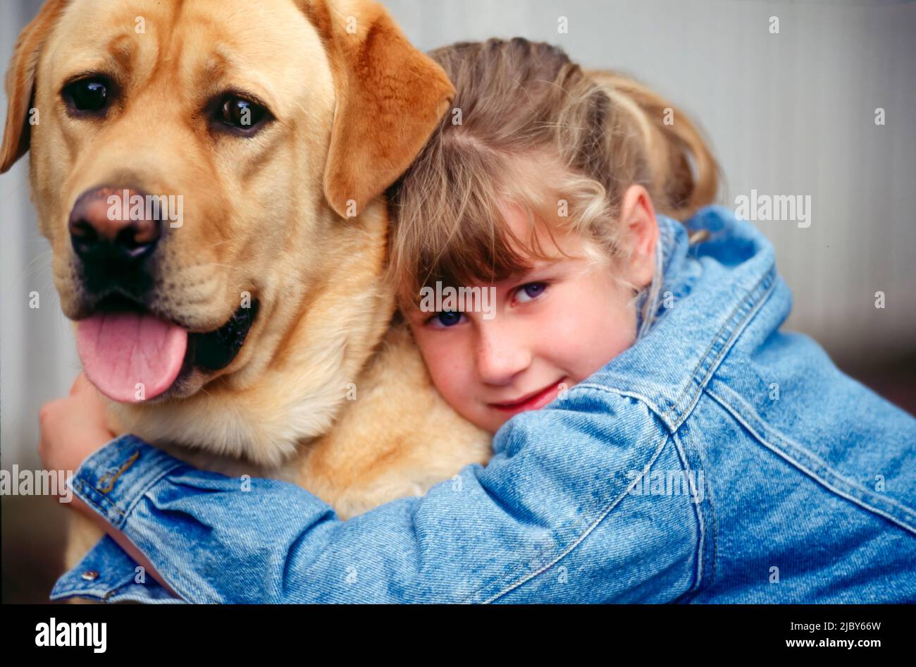 Young girl with arms around dogs neck Stock Photo - Alamy