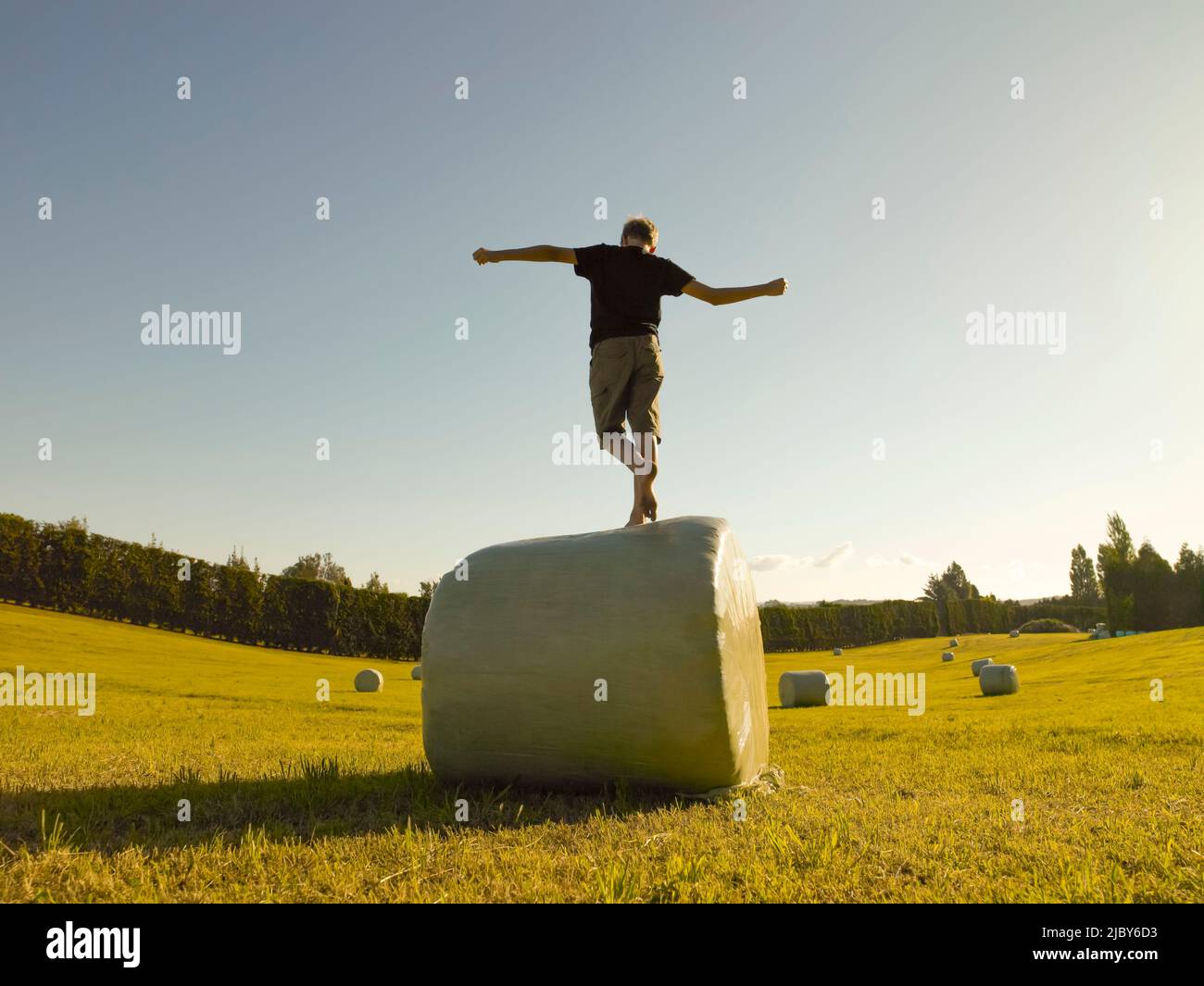 Back view of boy boy balancing on round haybale in field Stock Photo ...