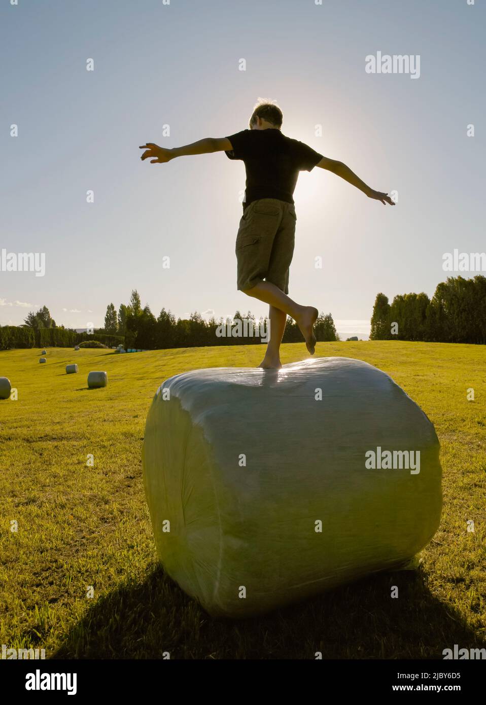 Back view of boy boy balancing on round haybale in field Stock Photo ...